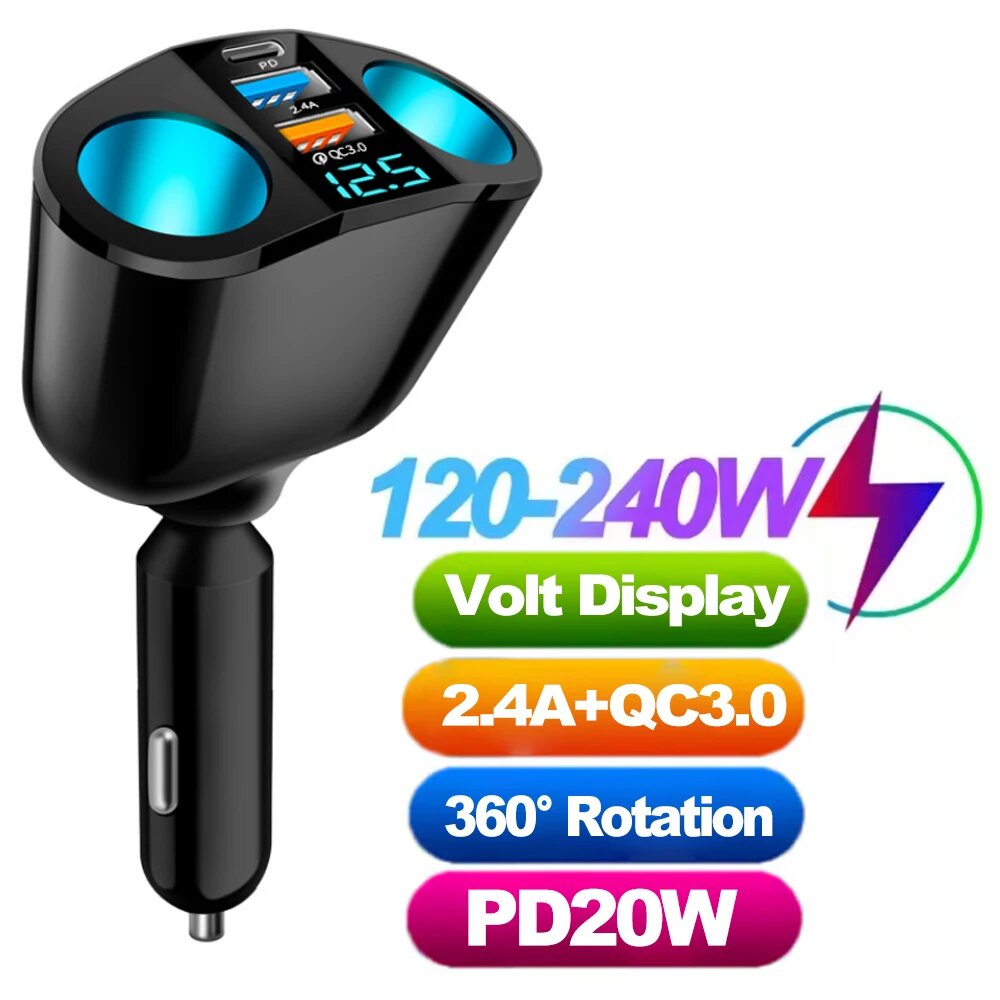 Автомобильный прикуриватель 12 В-24 В, разветвитель синего атмосферного света PD QC3.0, 2 USB-зарядное устройство C-порты для мобильных телефонов, видеорегистратор, зарядные устройства, PD20W 2.4A QC3.0