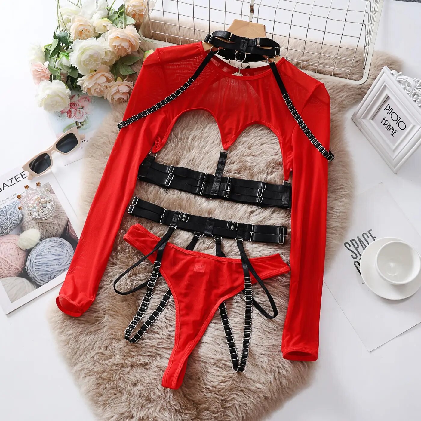Женский сексуальный экзотический комплект, прозрачный бандажный комплект нижнего белья, прозрачное нижнее белье, Экзотическая одежда Красный, XL, 3