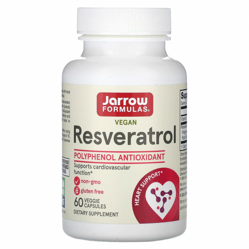 Jarrow Formulas Resveratrol, Ресвератрол 100 мг, 60 капсул для сердца