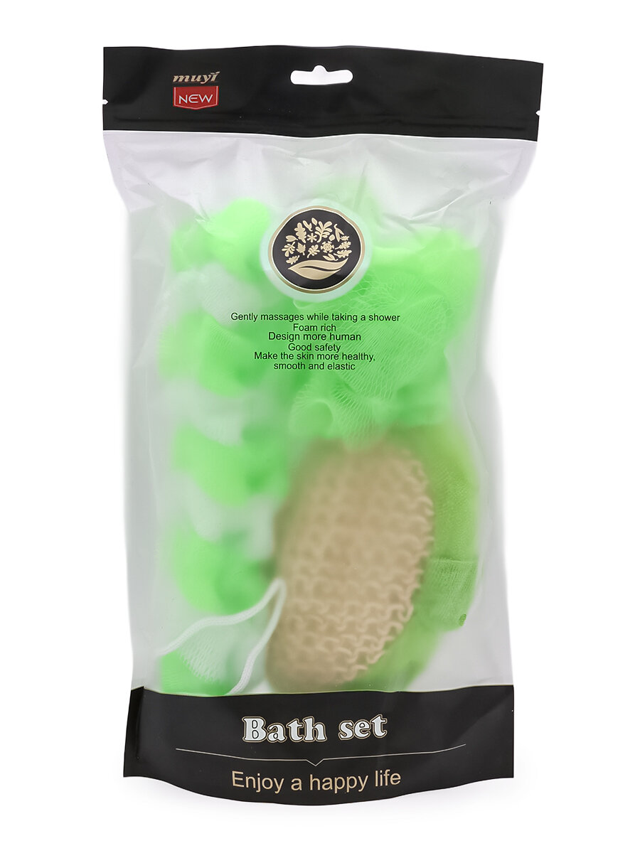 Muyi Набор мочалок - длинная, овальная и бантик Зеленый Bath Set Green №1, 3 шт