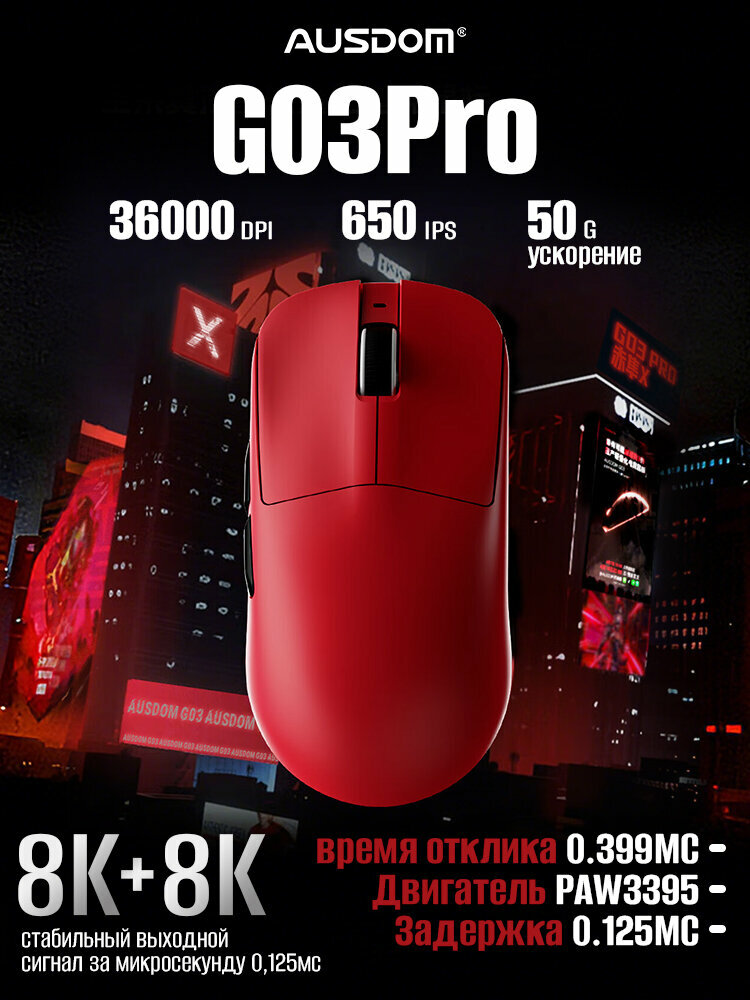 AUSDOM G03 PRO Red, компьютерная мышь беспроводная игровая , мышь беспроводная для ноутбука игровая