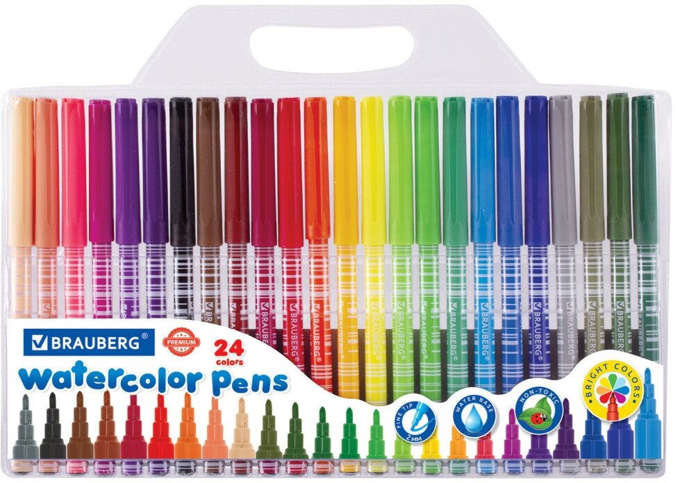 Фломастеры BRAUBERG "PREMIUM", 24 цвета, корпус С печатью, вентилируемый колпачок, ПВХ-упаковка с европодвесом, 151944, 1 шт