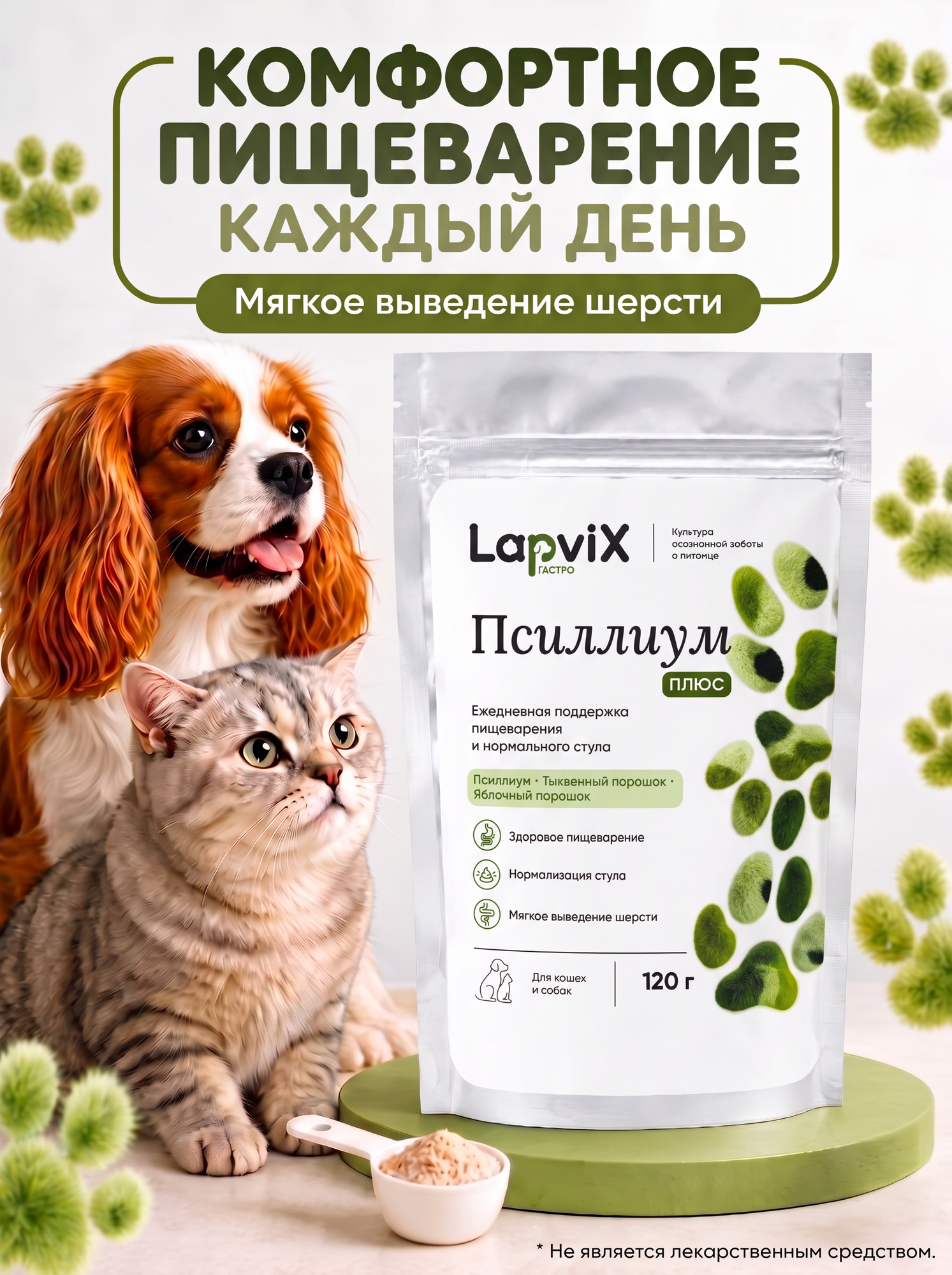 Кормовая добавка Псиллиум Плюс LapviX для собак и кошек, порошок для пищеварения, 120 г