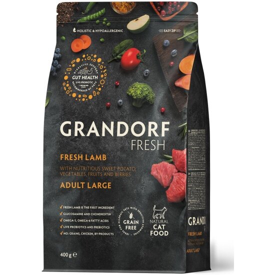 Корм сухой Grandorf Fresh , беззерновой с живыми пробиотиками, свежее мясо ягненка с бататом для крупных кошек, 400 г