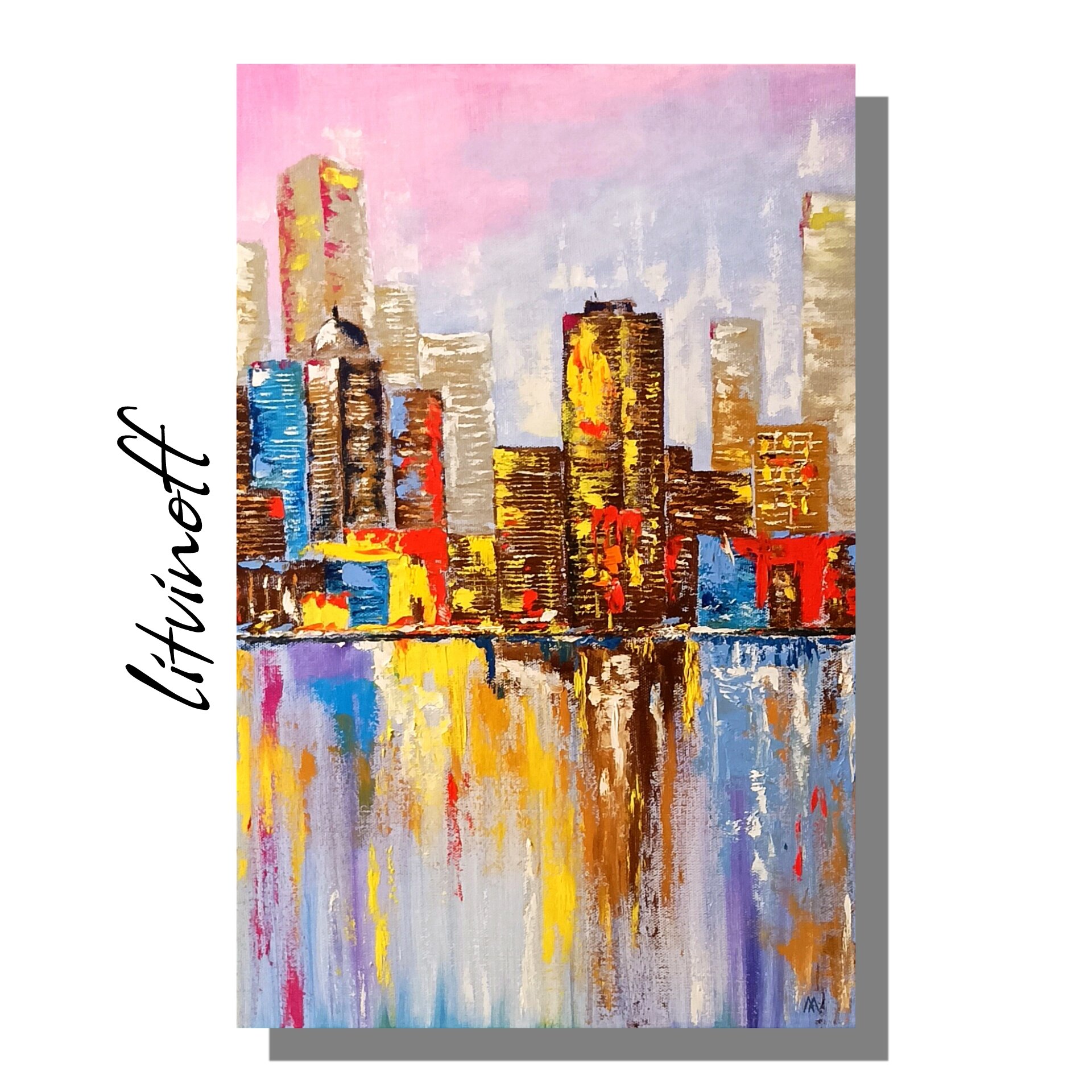 Картина для интерьера "Город на закате", холст 60x40см, масло, абстракция, ручная работа