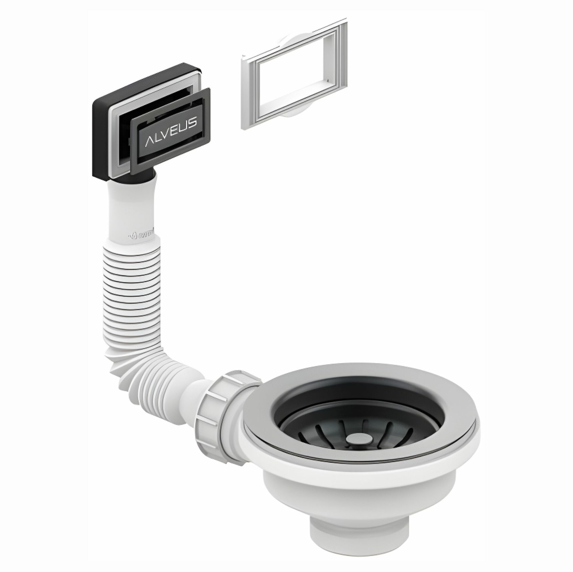 Выпуск для мойки 3 1/2 дюйма с переливом ALVEUS ANTHRACITE (антрацит) new c рамкой и заглушкой (гофра)