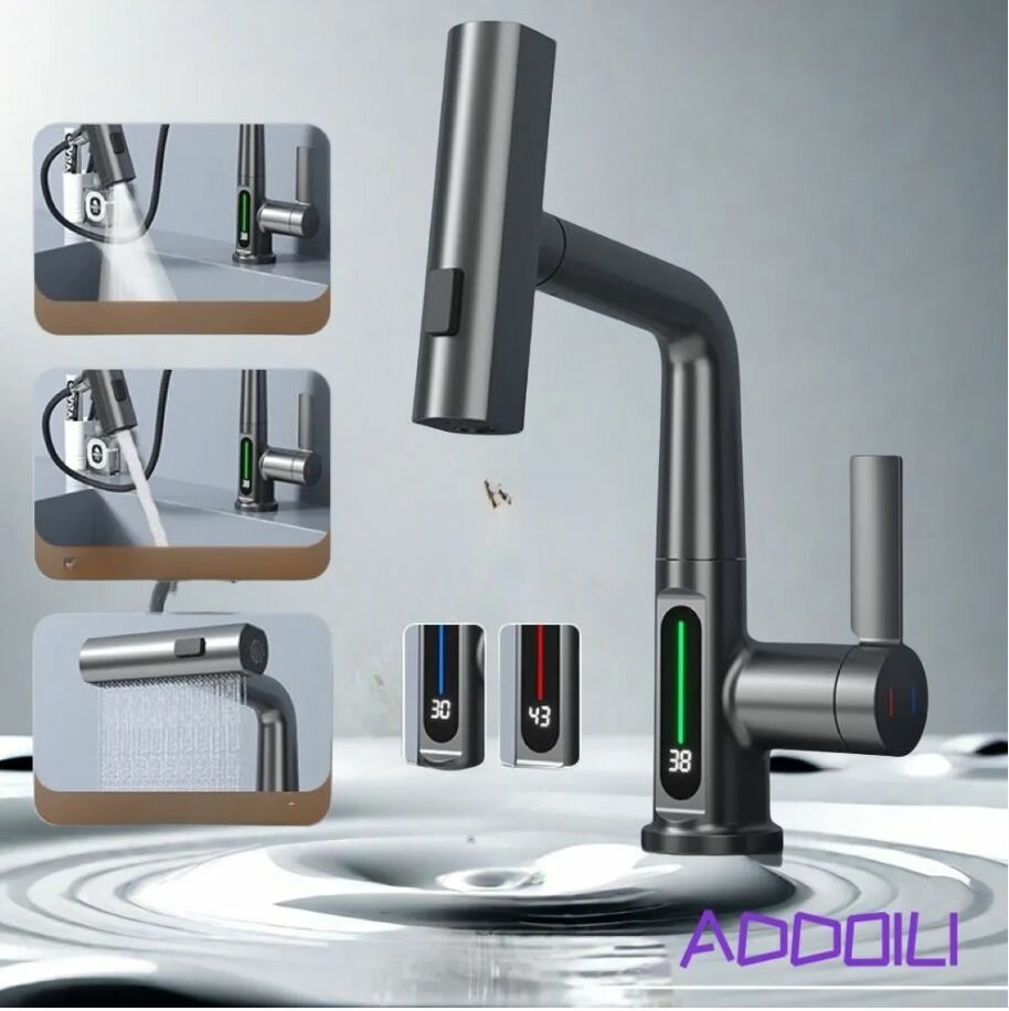 Смеситель для кухни телескопический с гибким шлангом, с 3-мя режимами подачи воды и цифровым термостатом, черный матовый