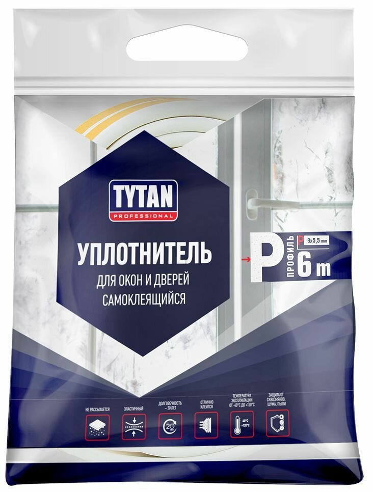 Tytan Professional Уплотнитель для окон и дверей P 6mx 9mm x 5,5mm Черный