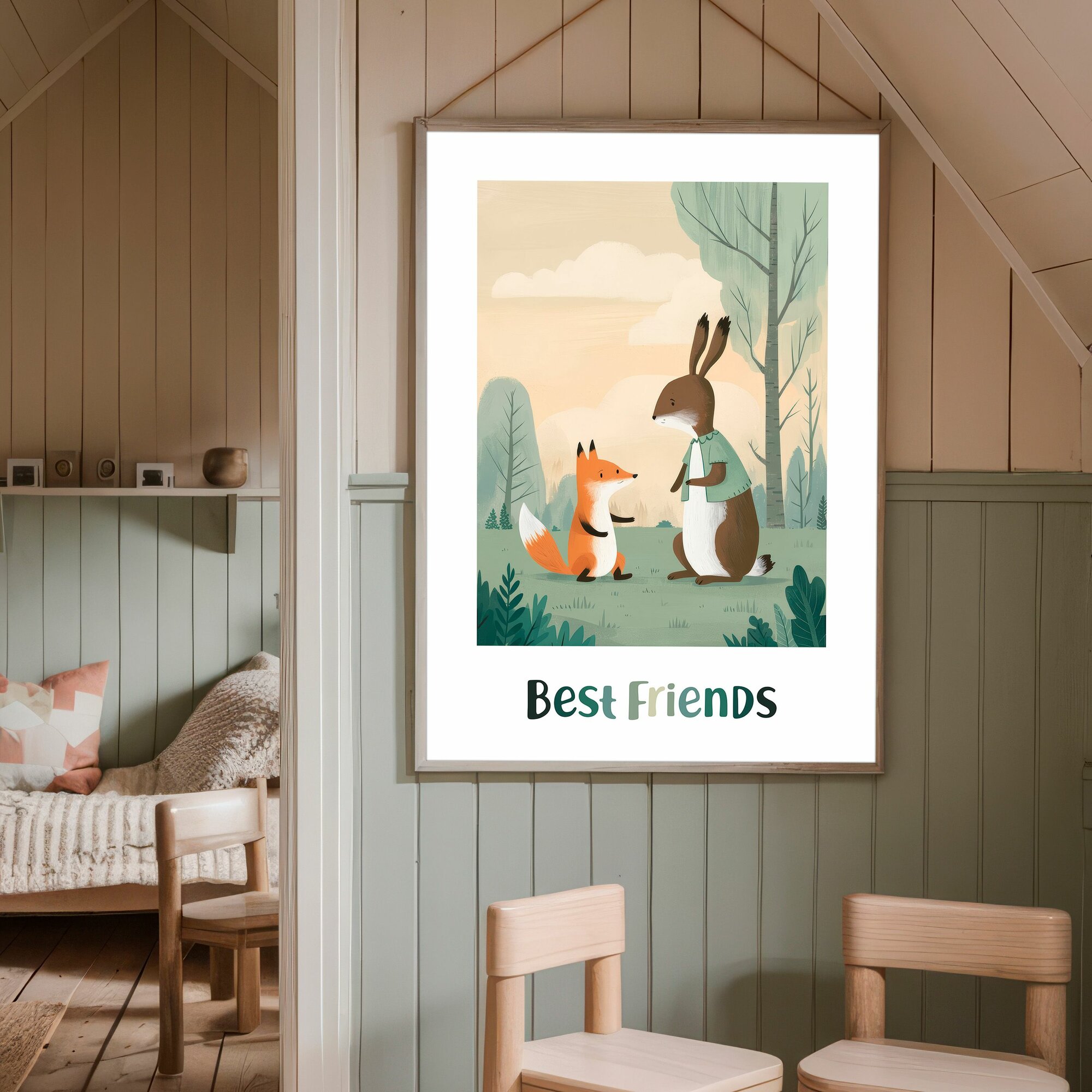 Постер для детской, для ребенка, в сканди стиле, заяц и лиса - 30х40