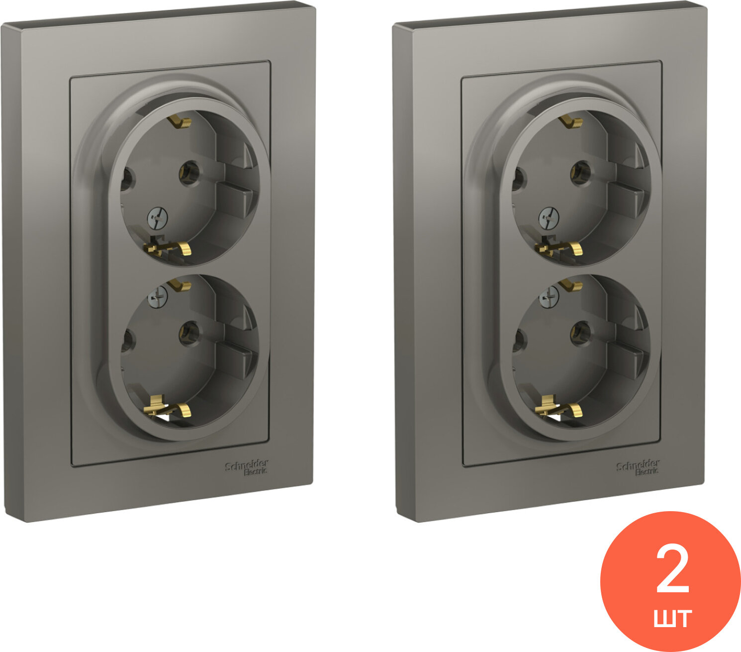 Розетка силовая штепсельная Systeme Electric / Систем Электрик AtlasDesign, 16А 250В IP20 двухместная, сталь с заземлением, ATN000924 / электрооборудование (комплект из 2 шт)