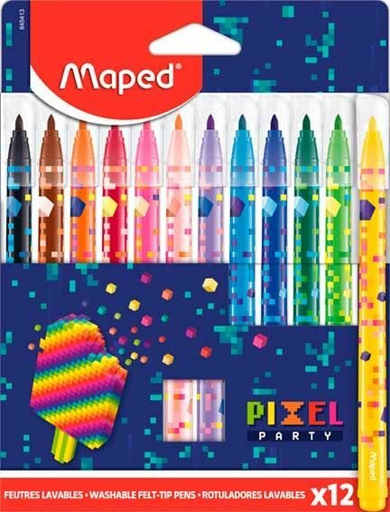 Фломастеры Maped 12 цветов, "Pixel party", суперсмываемые, заблокированный пишущий узел, в картонной коробке (845413)