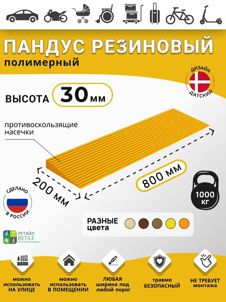 Пандус резиновый рубеж для порогов высотой 3 см (30х800х200 мм), оранжевый, для колясок, склада и автомобилей