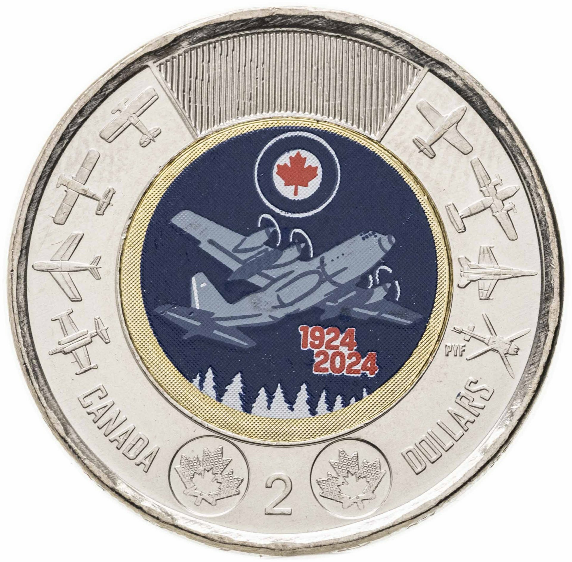 Канада 2 доллара 2024 "100-летие ВВС Канады" цветное покрытие, Биметалл, в сохранности UNC