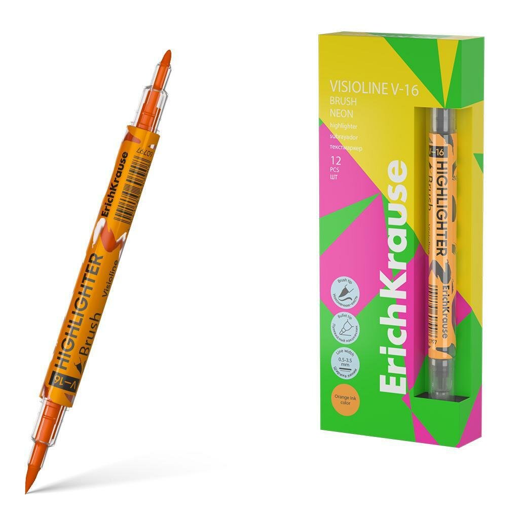 Текстовыделитель двусторонний оранжевый "Visioline V-16 Brush Neon", 0,5/3,5 мм, для всех типов бумаги