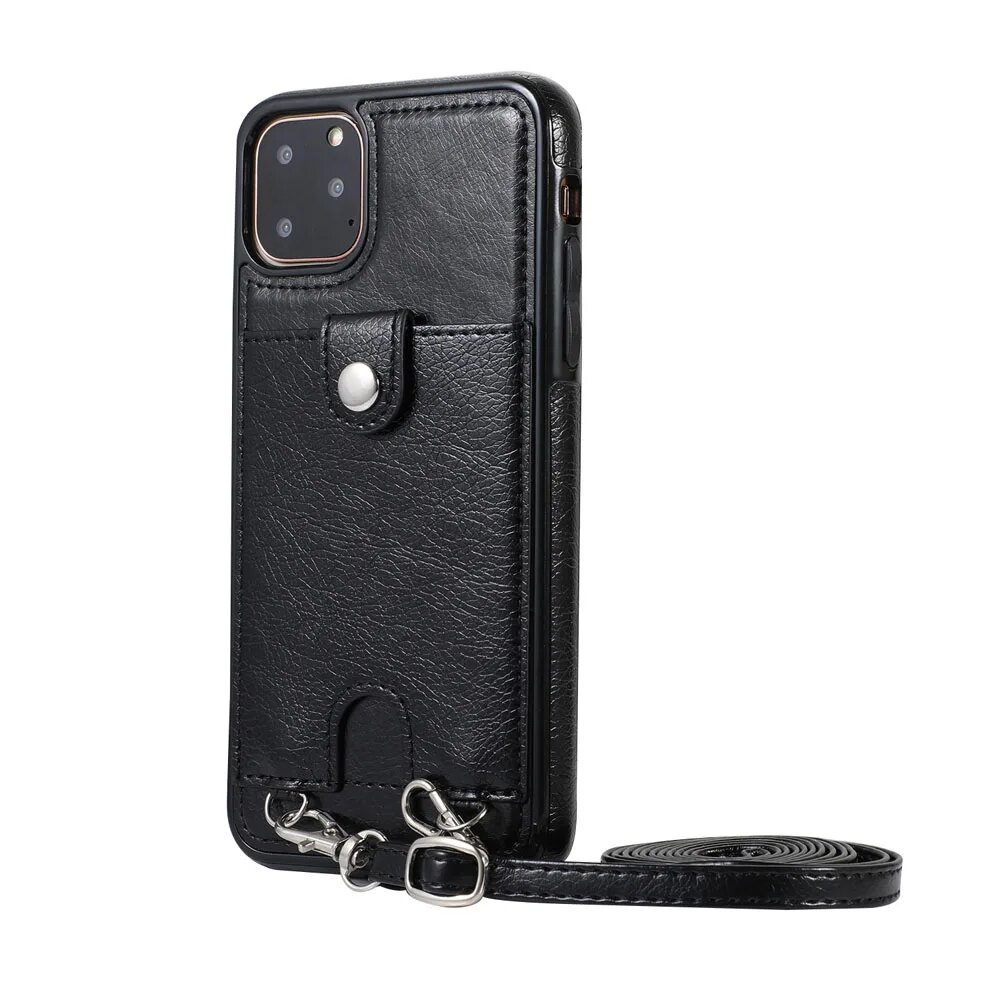 Кожаный чехол для телефона с ремешком и ожерельем-цепочкой для iPhone Черный, I, for iPhone 14 Pro