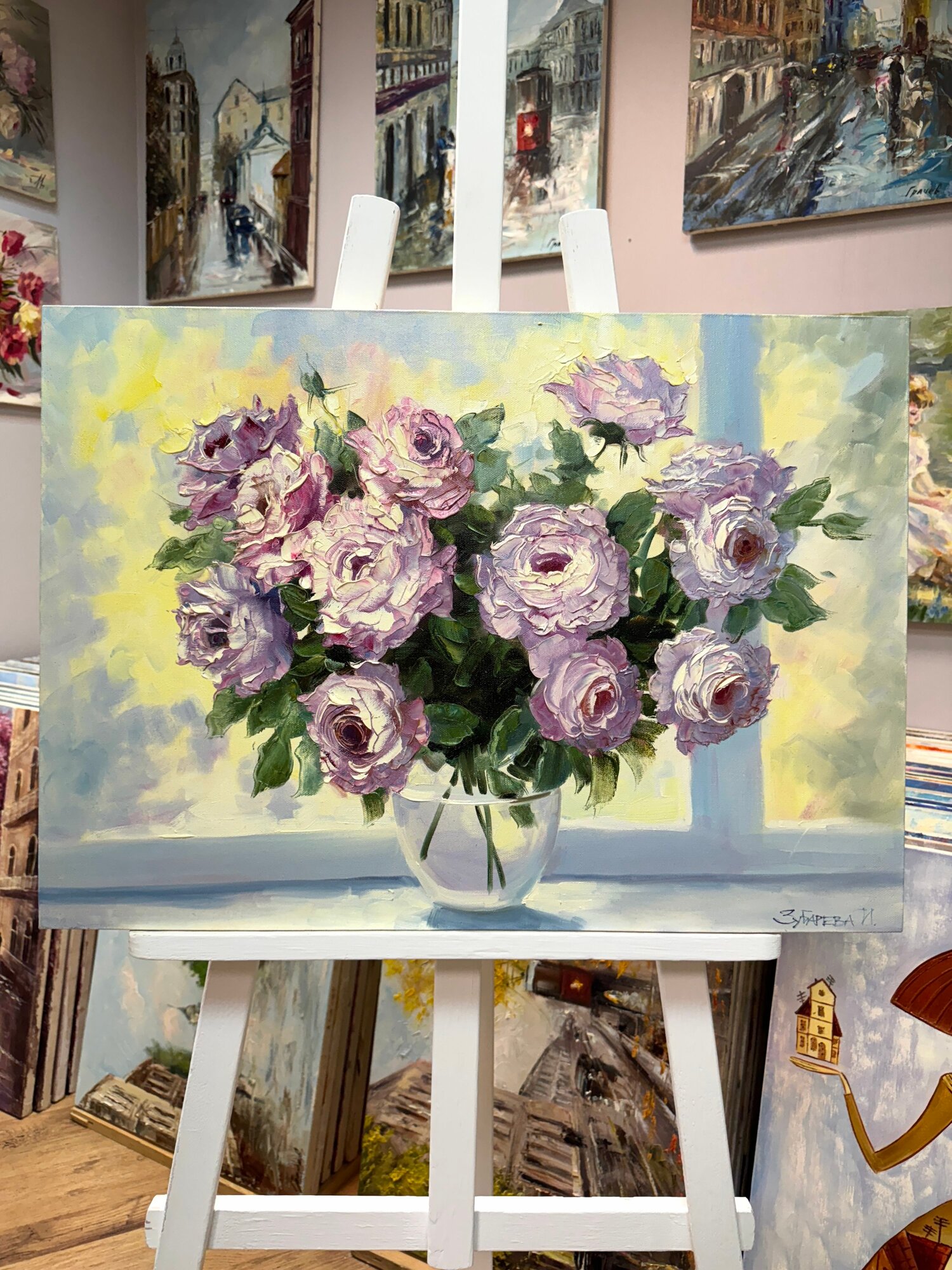 Картина маслом сиреневые Пионы в вазе 50х70 см. Художественная мастерская Грёзы.