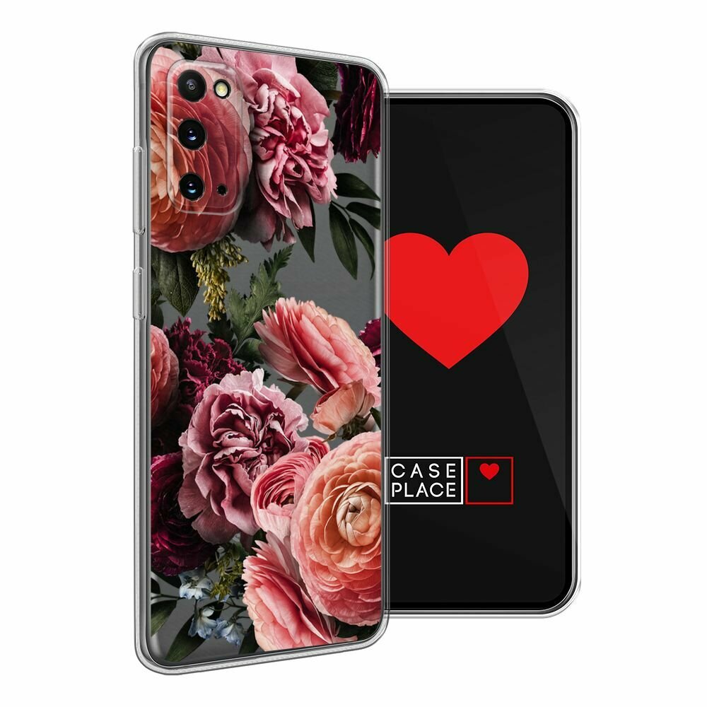Чехол на Samsung Galaxy S20 / Самсунг Гэлакси S20 с принтом "Бордовые винтажные цветы", прозрачный — фото 1