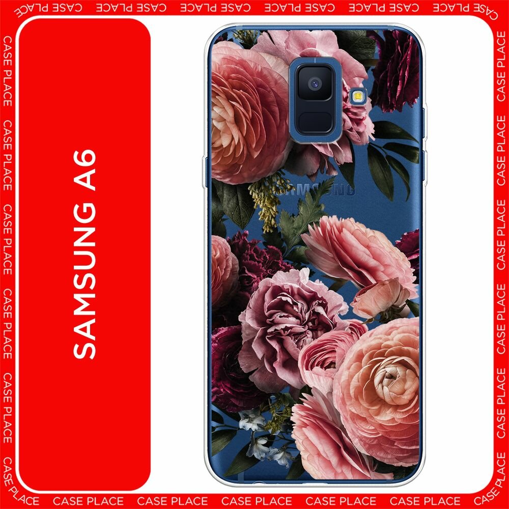 Чехол на Samsung Galaxy A6 / Самсунг Галакси А6 с принтом "Бордовые винтажные цветы", прозрачный