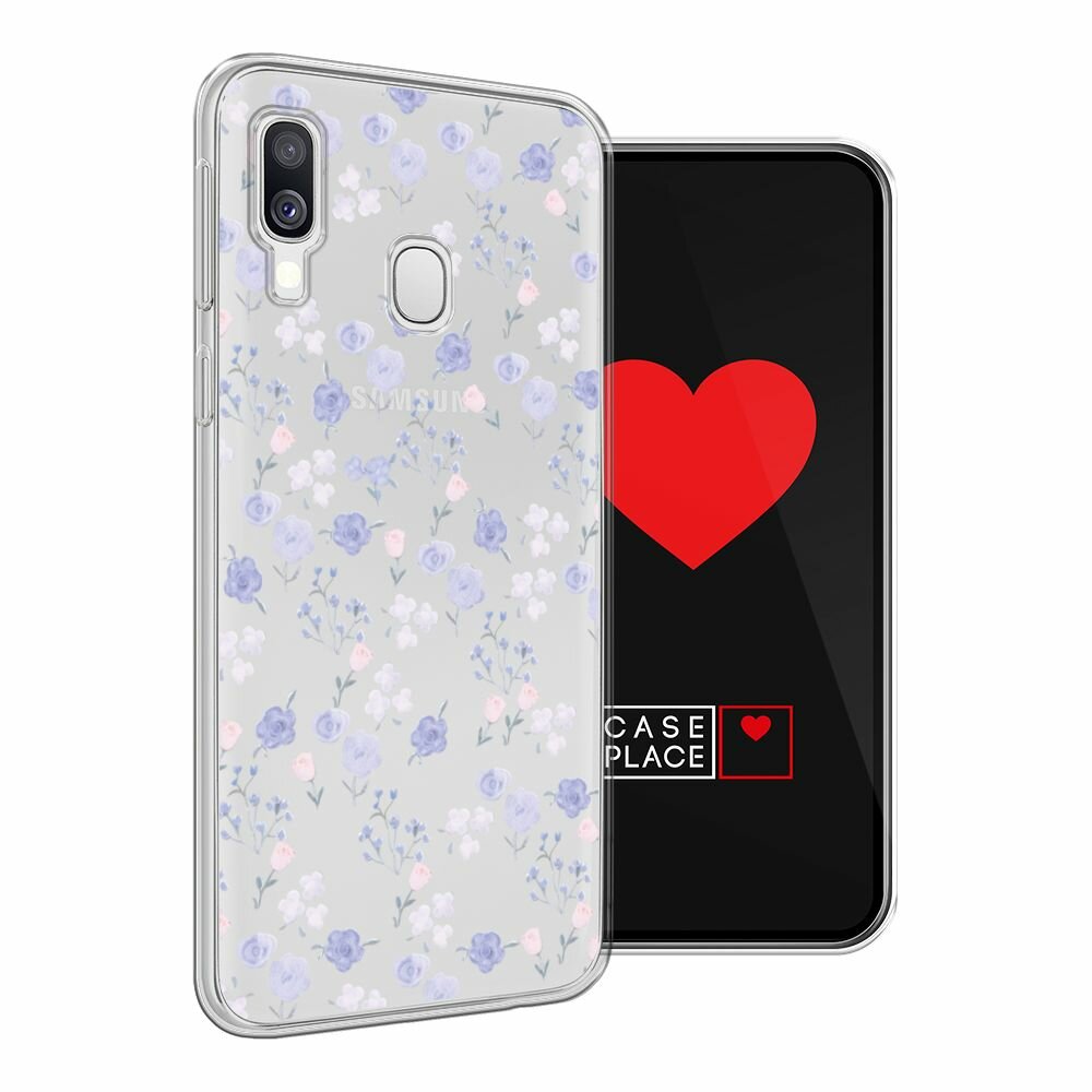 Чехол на Samsung Galaxy A40 / Самсунг Галакси А40 с принтом "Сиреневые розы паттерн", прозрачный — фото 1