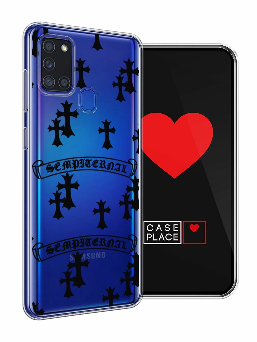 Чехол на Samsung Galaxy A21s / Самсунг Галакси A21s с принтом "Кресты паттерн чёрный", прозрачный — фото 1