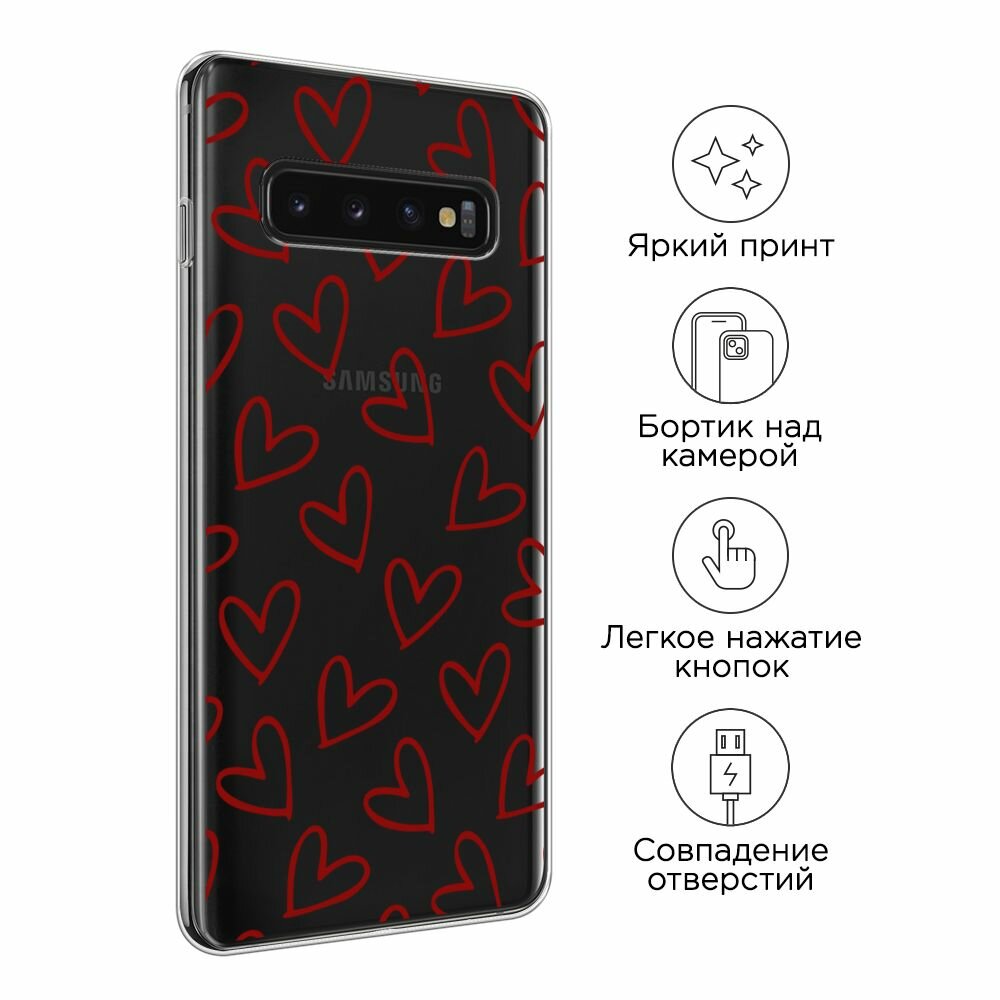 Чехол на Samsung Galaxy S10 / Самсунг Галакси S10 с принтом "Little hearts doodles 2 - 14 февраля", прозрачный — фото 1