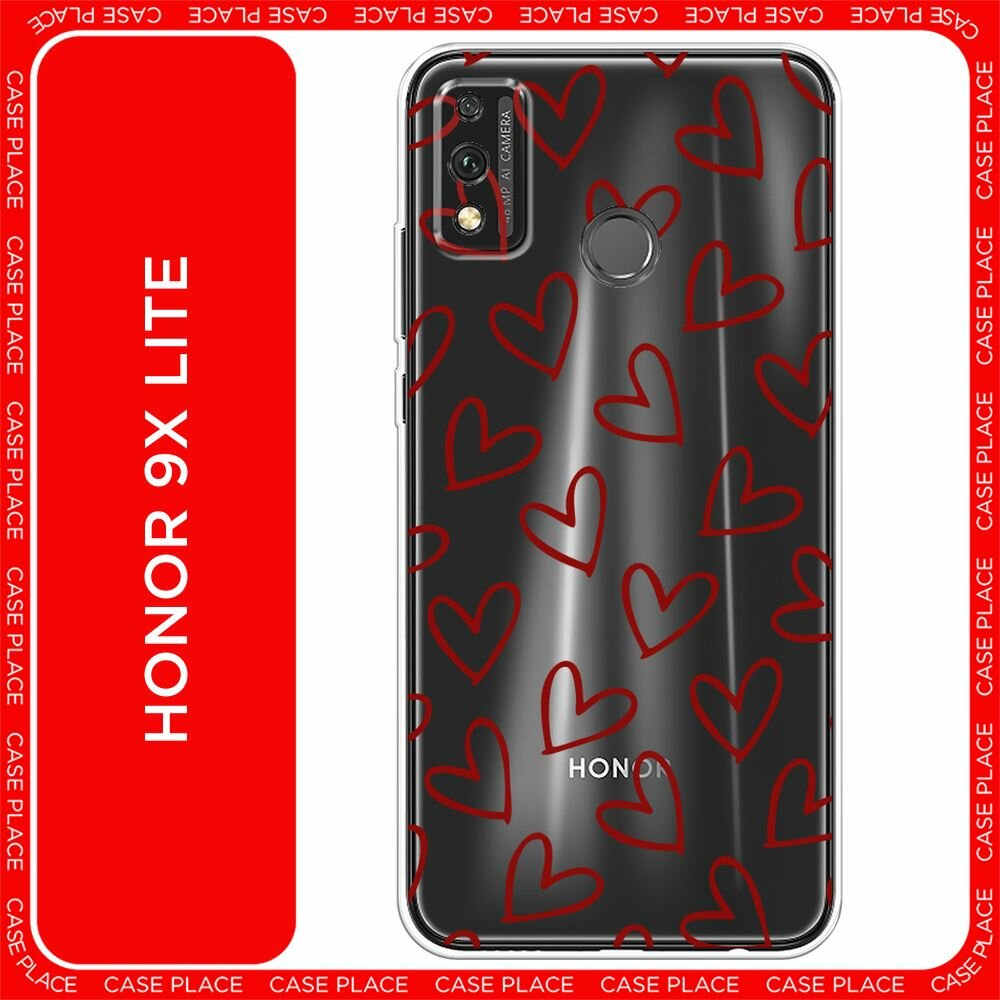 Чехол на Honor 9X Lite / Хонор 9X Лайт с принтом Little hearts doodles 2, прозрачный