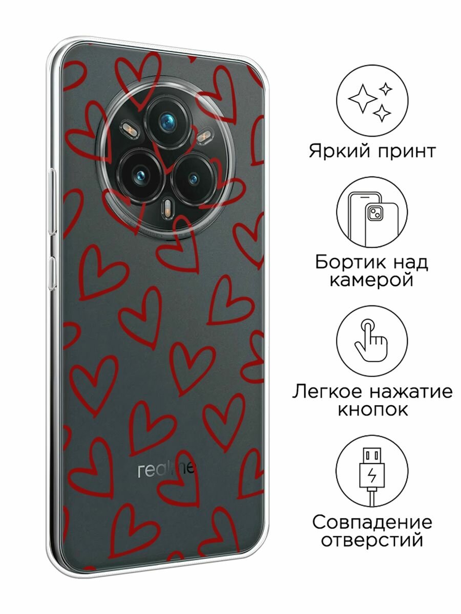 Чехол на Realme 14 Pro / Реалми 14 Про с принтом "Little hearts doodles 2 - 14 февраля", прозрачный — фото 1