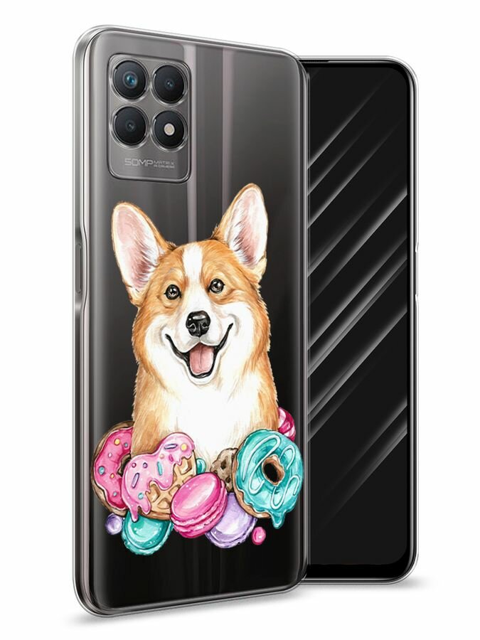 Чехол на Realme 8i / Реалми 8i с принтом "Корги и сладости", прозрачный