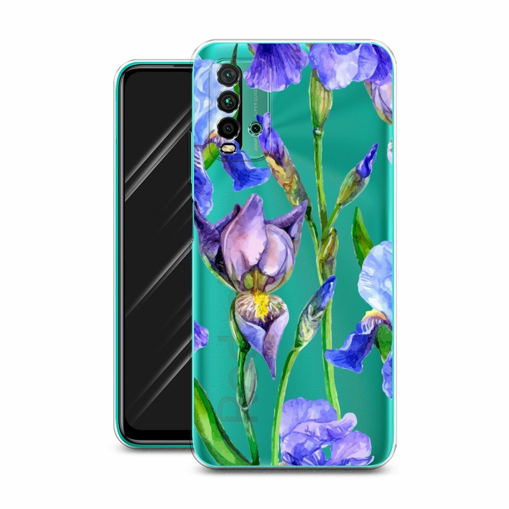 Чехол на Xiaomi Redmi 9T / Сяоми Редми 9Т с принтом "Синие ирисы", прозрачный — фото 1
