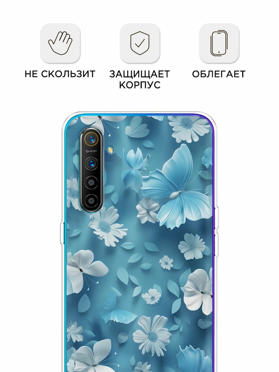 Чехол на Realme XT / Реалми XT с принтом "Голубые глазурные цветы" — фото 1