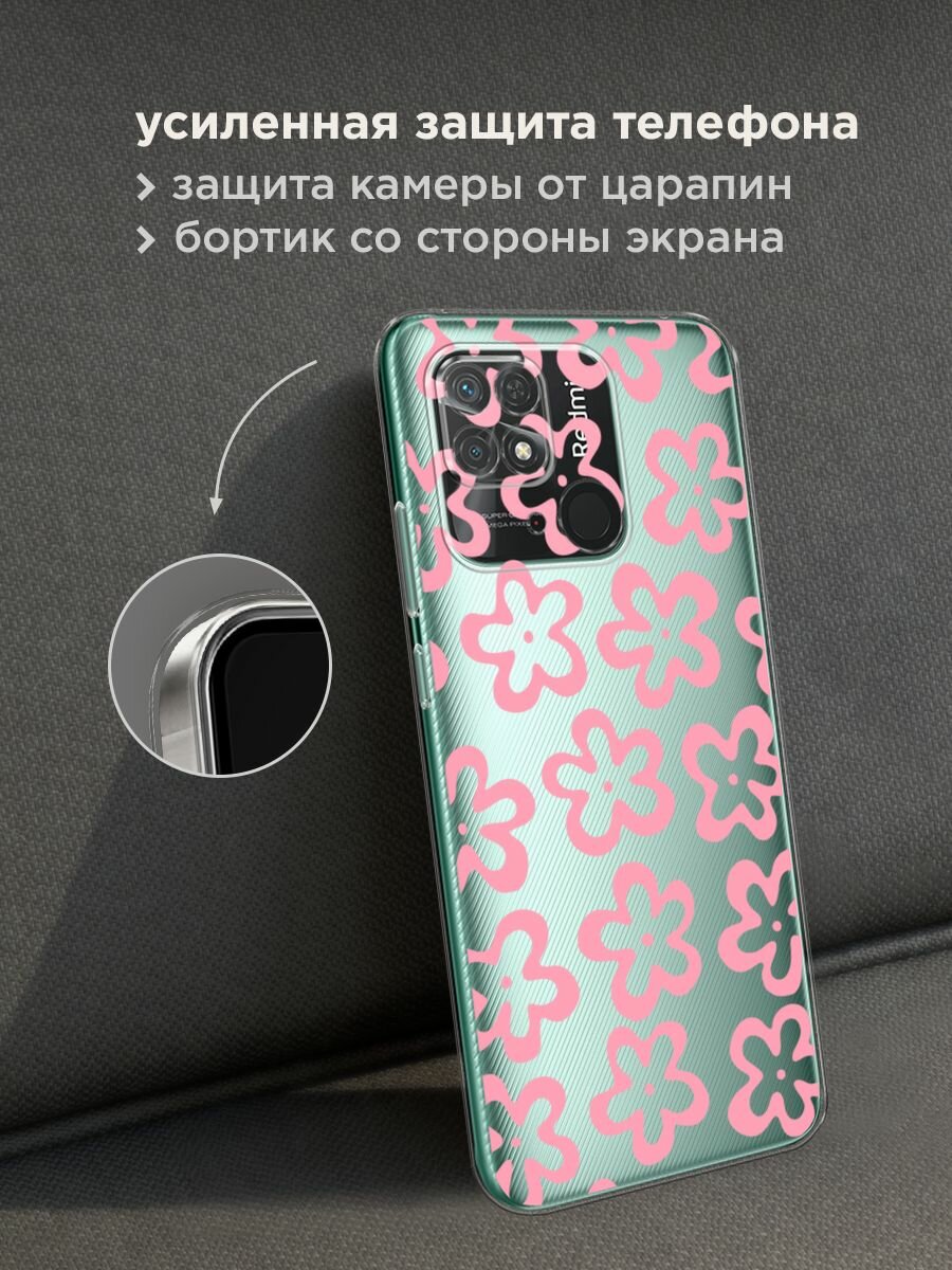 Чехол на Xiaomi Redmi 10C / Сяоми Редми 10C с принтом "Простые розовые цветочки", прозрачный — фото 1