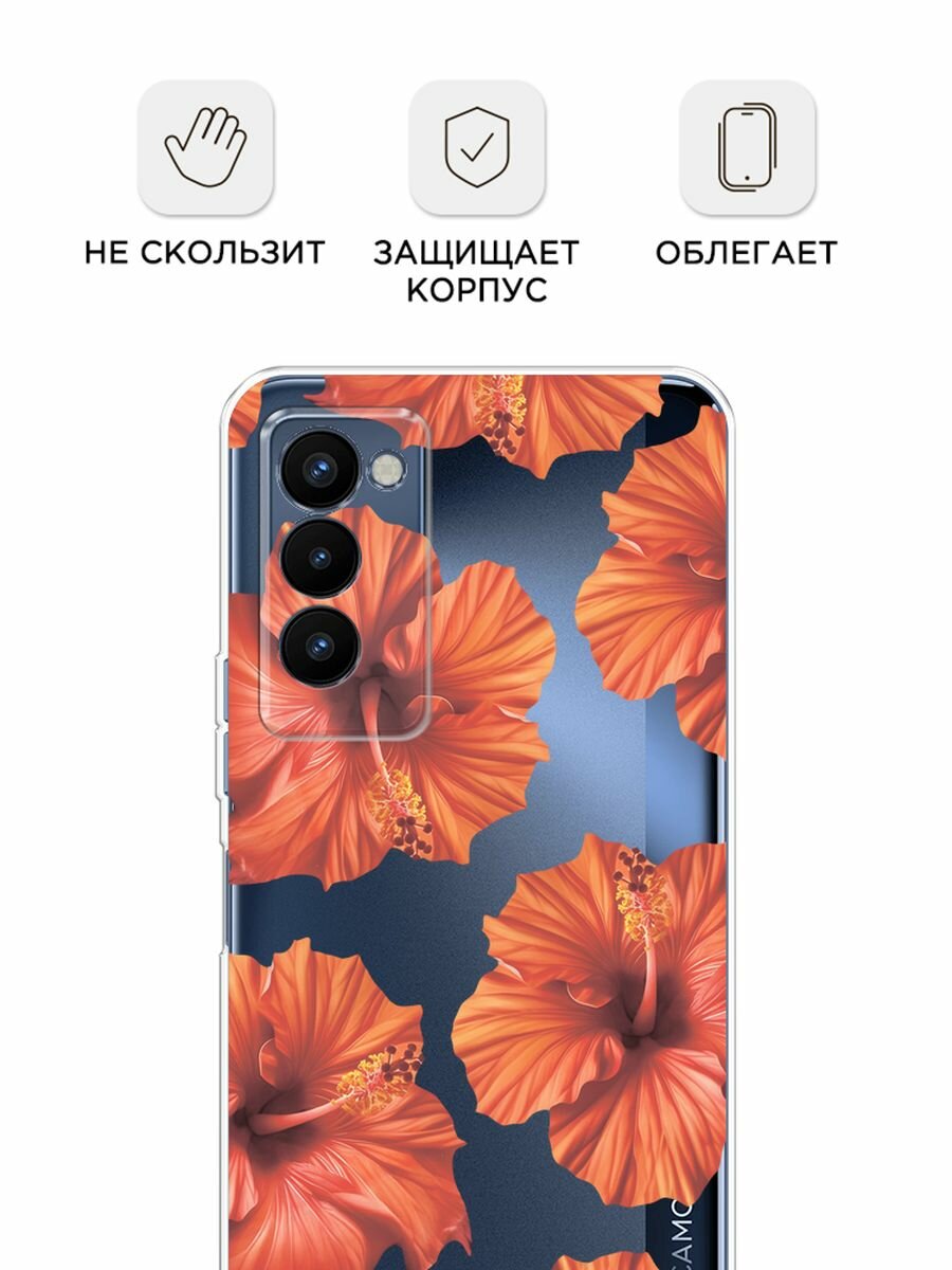 Чехол на Tecno Camon 18P / Техно Камон 18Р с принтом "Рыжие гибискусы", прозрачный — фото 1