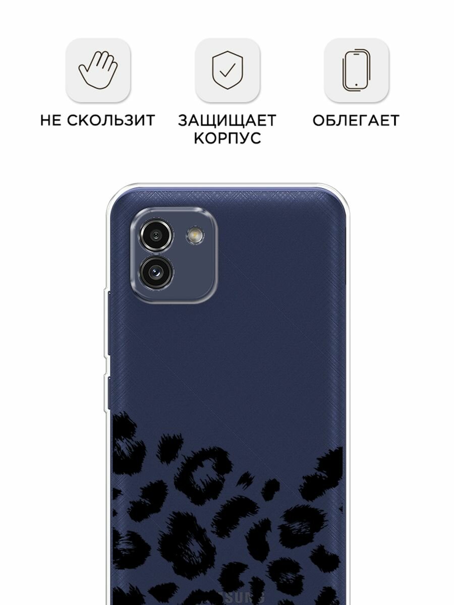 Чехол на Samsung Galaxy A03 / Самсунг Галакси А03 с принтом "Окрас леопарда фон черный", прозрачный — фото 1