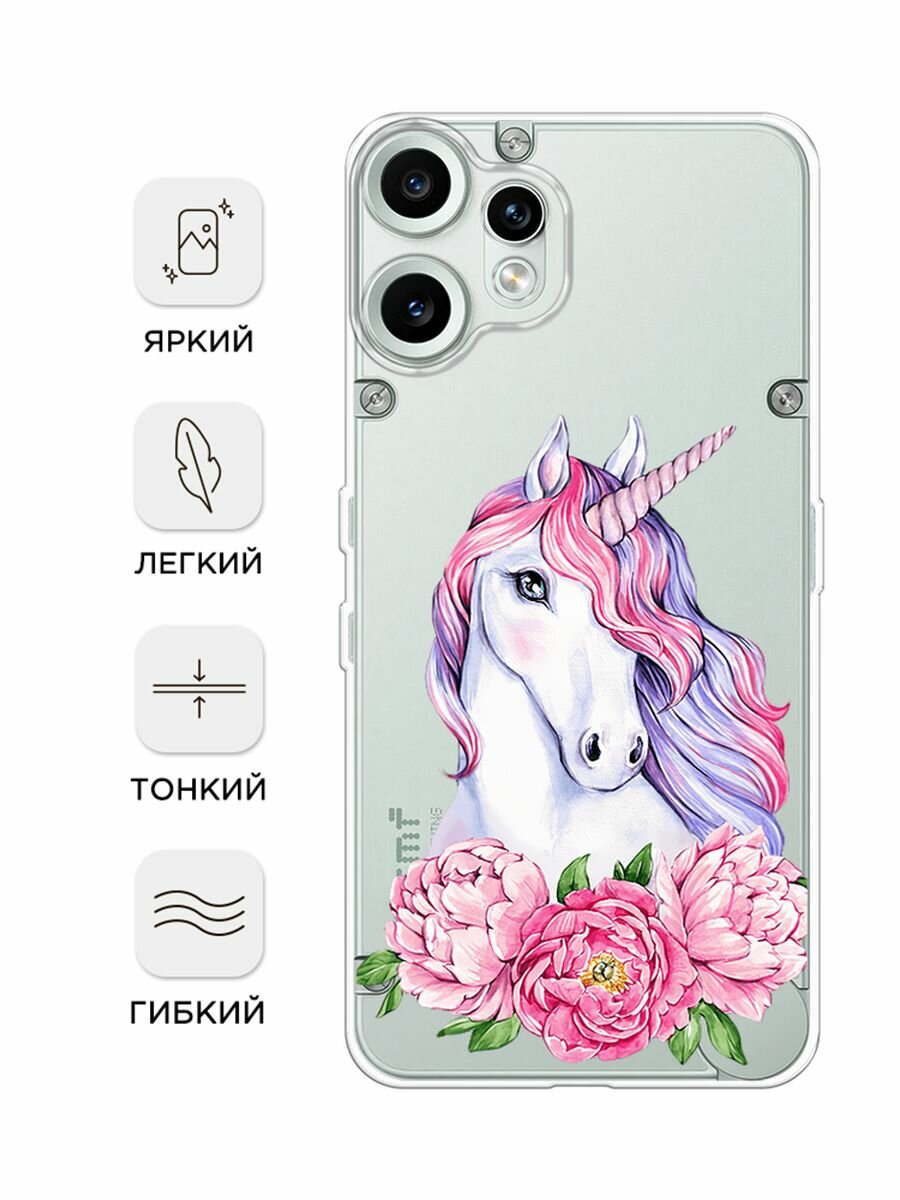 Чехол на CMF Phone 2 Pro / CMF Фон 2 Про с принтом "Единорог с пионами", прозрачный — фото 1