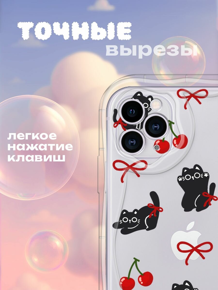 Чехол на Apple iPhone 11 Pro Max / Айфон 11 про макс с принтом "Котик, вишня и бантики" — фото 1