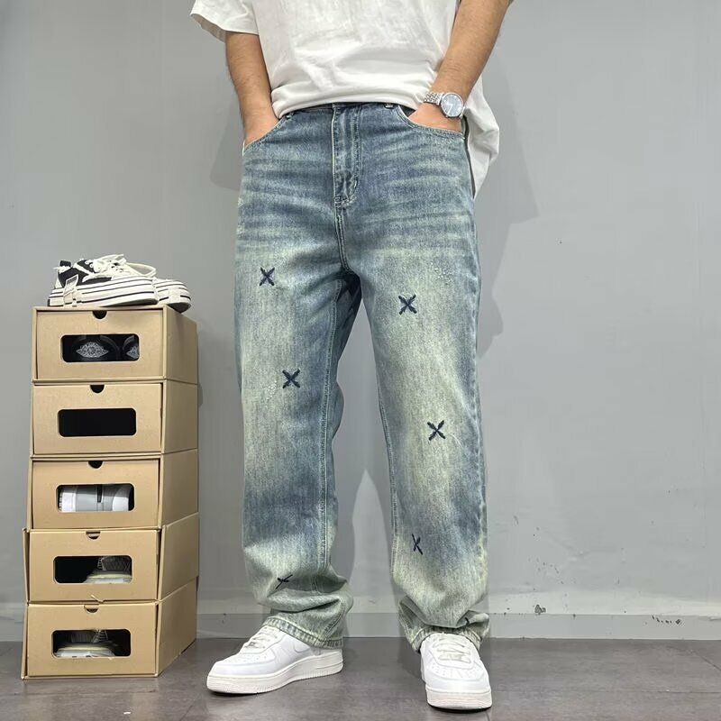 Тренд RONG CH Мужские Джинсы Премиум Пёстрые Потертые Слим Молодежные Деним, Размер_XXL