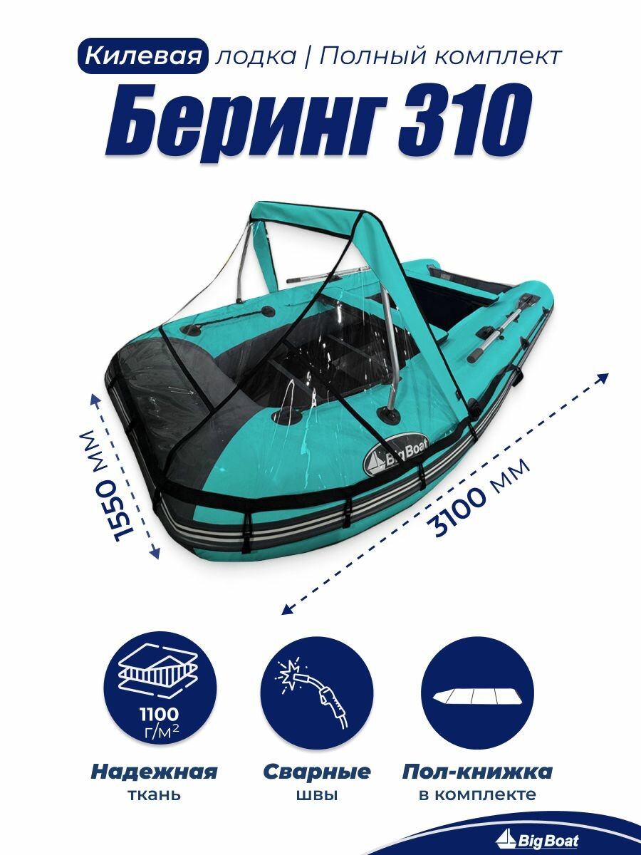 Надувная, под мотор, килевая лодка в полной комплектации (носовой тент, мягкие накладки) из ПВХ для рыбалки Bering (Беринг) 310к, пол-книжка