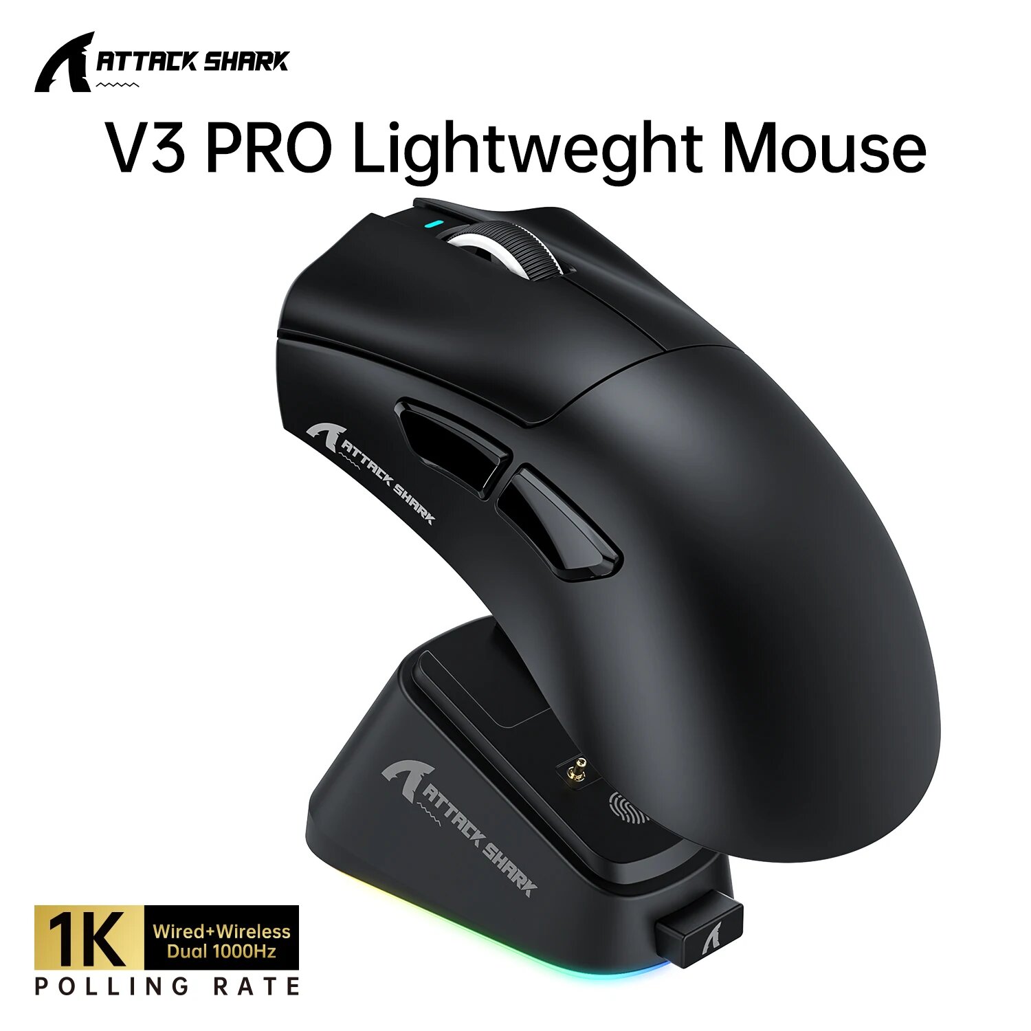 Игровая Мышь Attack Shark V3PRO: Ультралегкая, С Док-станцией, Беспроводной Зарядкой V3PRO Black