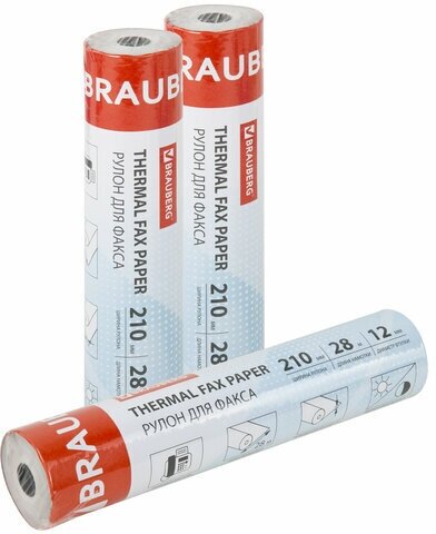 Рулон для факса 210 мм (диаметр 45 мм, длина 28 м, втулка 12 мм), BRAUBERG, 110149