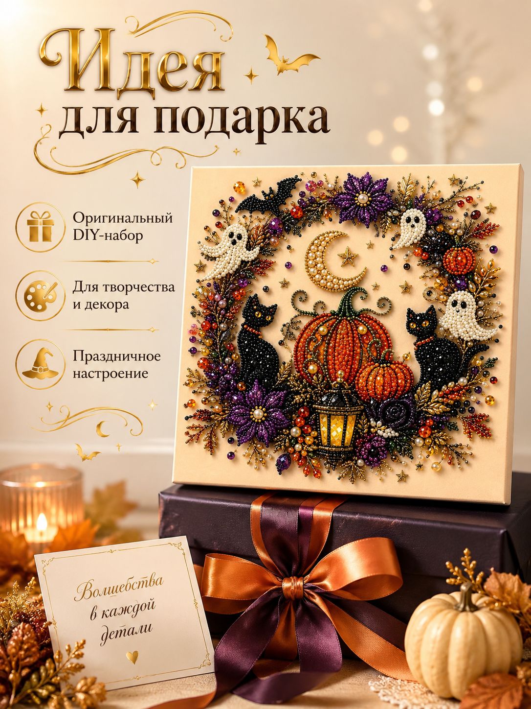 Картина из бусин Хэллоуин Валоро zuanshihua, жемчужная мозаика 20x20 см, тыквы и чёрные коты