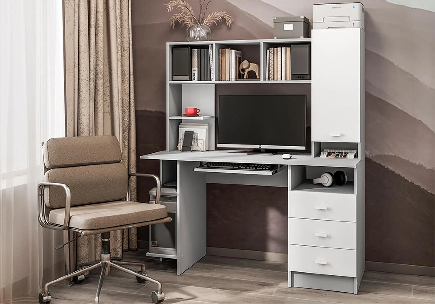 Стол компьютерный Нонтон КС-003, 135х55х155 см, Белый / Серый