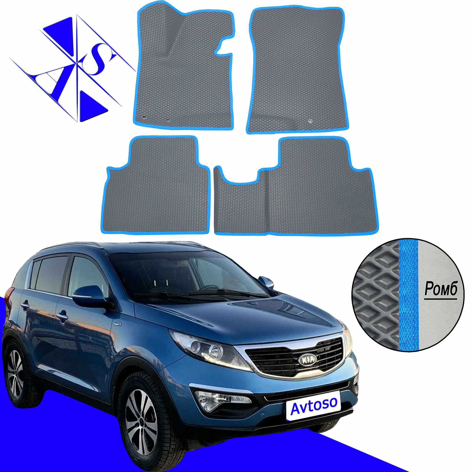 Автомобильные коврики EVA/ЕВА/ЭВА для Kia Sportage 3 III (SL) / Киа Спортейдж 3 III (СЛ) 2010-2016 серый голубой