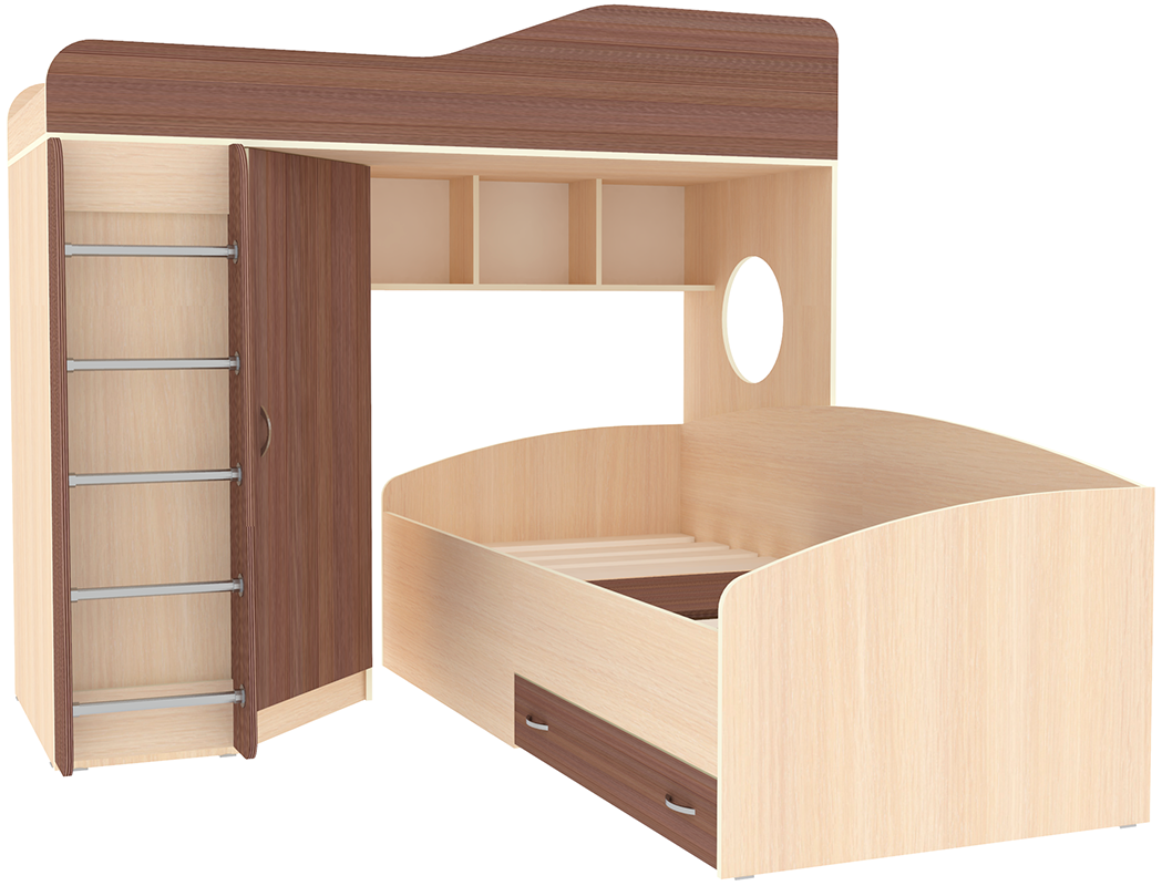 Кровать чердак Кадет 2 с металлической лестницей Дуб Молочный - Бодего Темный