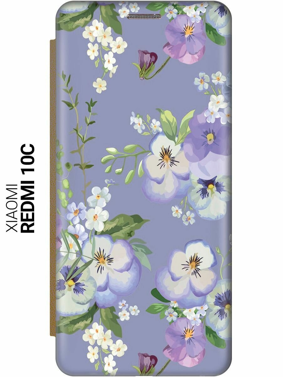 Чехол-книжка на Xiaomi Redmi 10C, Сяоми Редми 10С c принтом "Цветочки на синем фоне" золотистый