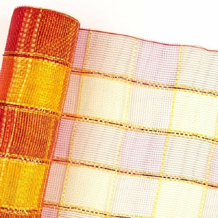 Упаковка для цветов и подарков сетка "Клетка с лентой" красно-золотистая в рулоне, 53см*7м