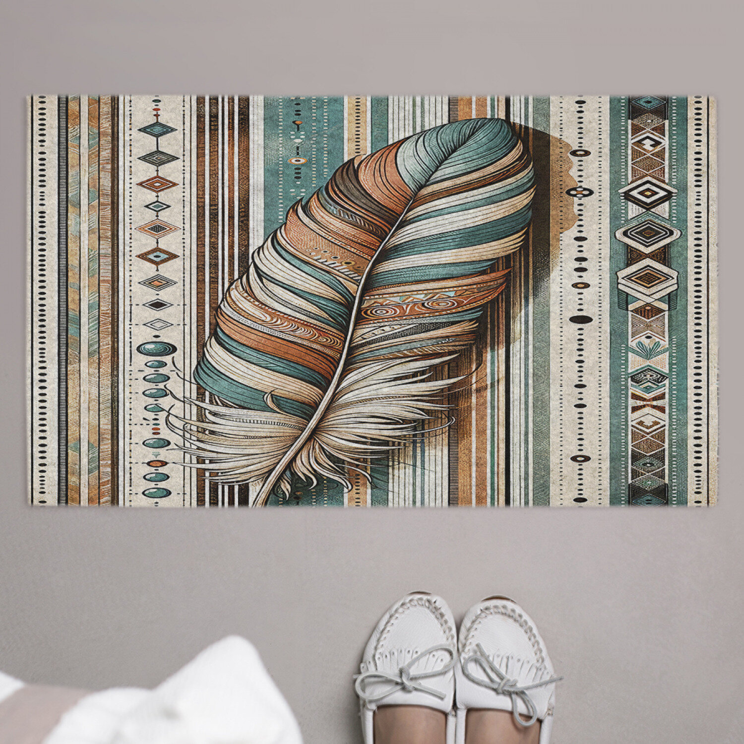 Коврик придверный в прихожую с принтом "Перо ловца" 45x75 см , JoyArty