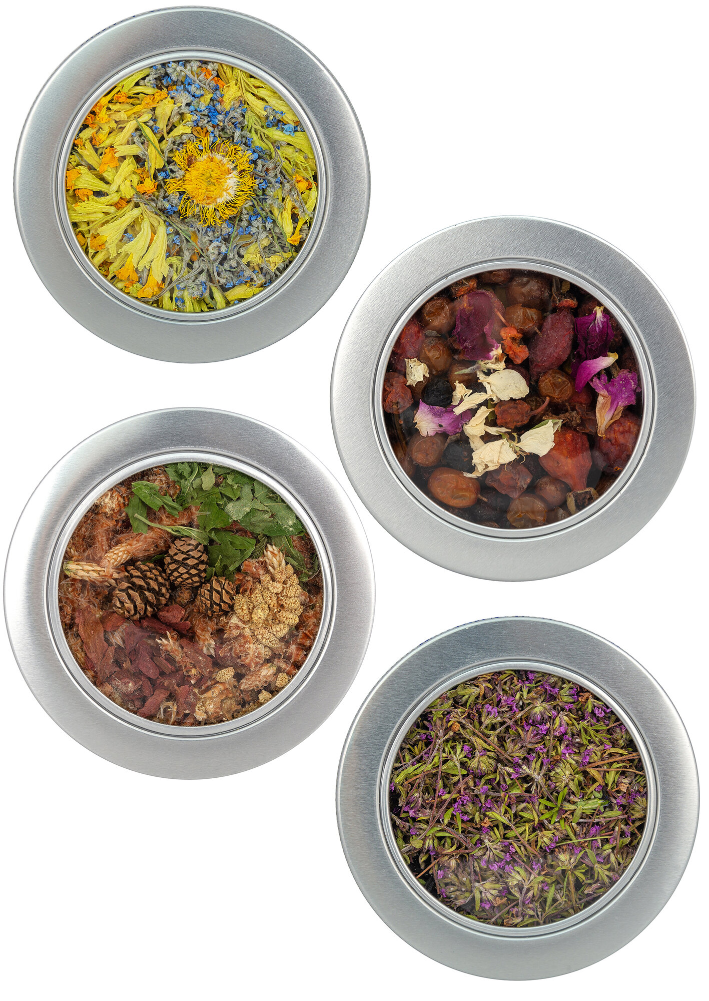 Набор Сибирского чая,100% Натуральный травяной лечебный сбор, купажи Первоцветы, Дикая ягода, Таежный, Сила гор, Банки металл по 25 гр, 4 шт.