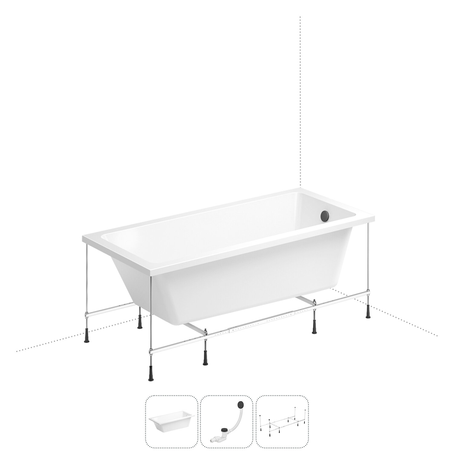Акриловая ванна 165х80 с каркасом Wellsee FreeDom 202010534 в наборе 3 в 1: ванна акриловая 165 х 80 см в цвете белый глянец, слив-перелив матовый черный, каркас