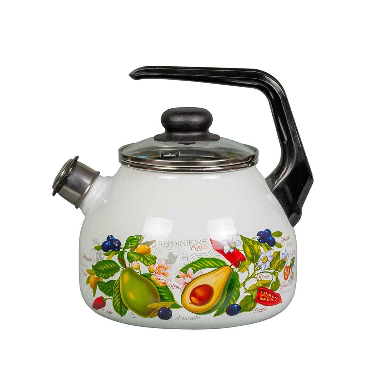 Чайник эмалированный со свистком СтальЭмаль Авокадо, 3 л, белый с декором