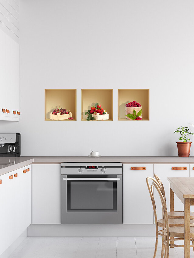 Наклейка интерьерная на стену, ванну и холодильник "Ниша Ягоды 3 наклейки", 34х34 см самоклеющаяся